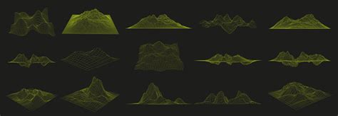 와이어프레임 풍경 미래 지향적인 3d 그래프 그리드 사이버 메시 산 및 편집 가능한 스트로크 경로로 설정된 왜곡된 표면 좌표 벡터 산에 대한 스톡 벡터 아트 및 기타 이미지