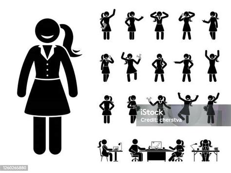 스틱 피겨 오피스 여자 다른 포즈 감정 얼굴 디자인 벡터 아이콘 세트 행복 슬픈 놀라움 깜짝 화가 서 흰색에 스틱맨 여자 사람