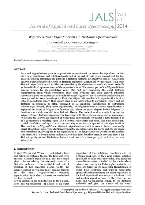 Pdf Wigner Witmer Eigenfunctions In Diatomic Spectroscopy Christian Parigger