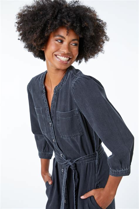 Belted Denim Midi Shirt Dress In Black Roman Originals Uk