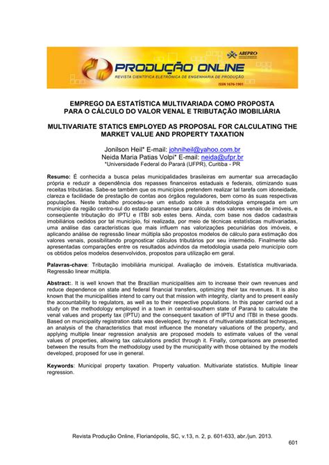 Pdf Multivariate Statics Employed As Proposal For Calculating The Market Value And Property