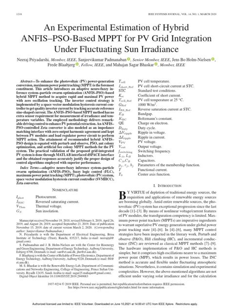 An Experimental Estimation Of Hybrid Anfis Pso Based Mppt For Pv Grid