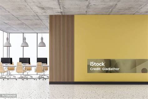 테라 조 바닥과 판넬 벽에 복사 공간과 업무용 책상이있는 빈 사무실 인테리어 0명에 대한 스톡 사진 및 기타 이미지 0명 3차원 형태 가구 Istock