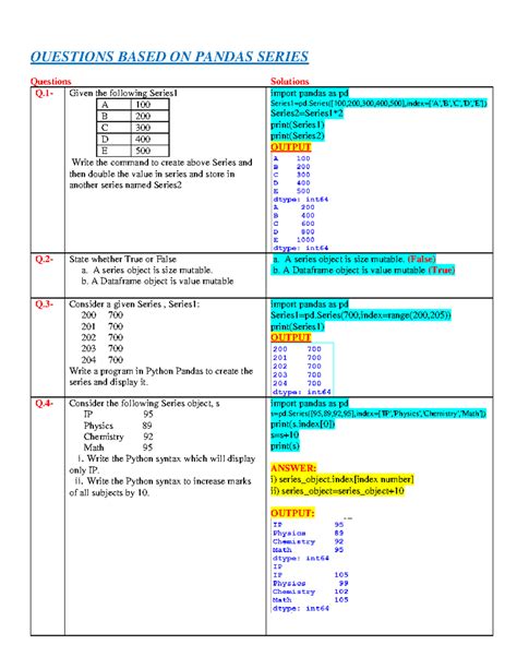 Ip Class 12 Ip Book Question Questions Based On Pandas Series Questions Solutions Q Given
