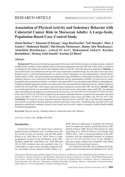 Pdf Association Of Physical Activity And Sedentary Behavior With Colorectal Cancer Risk In