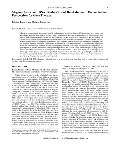 Pdf Meganucleases And Dna Double Strand Break Induced Recombination Perspectives For Gene