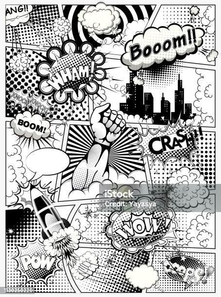 흑인과 백인 만화 페이지 연설 거품 로켓 슈퍼 히어로 손 및 소리 효과 함께 선으로 분할 합니다 일러스트 레이 션 Performing Arts Event에 대한 스톡 벡터