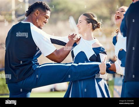 Cheerleader Team Sport And Stretching Outdoor For Fitness Training And Warm Up Workout For