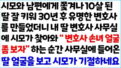 반전사이다사연 시모와 남편에게 쫓겨나 10살 된 딸 잘 키워 30년 후 유명한 변호사 만들었더니 내 딸 변호사 사무실에