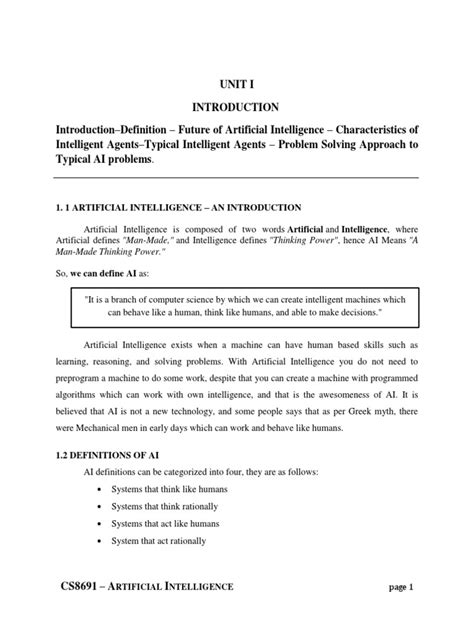cs8691 unit 1 pdf artificial intelligence intelligence ai