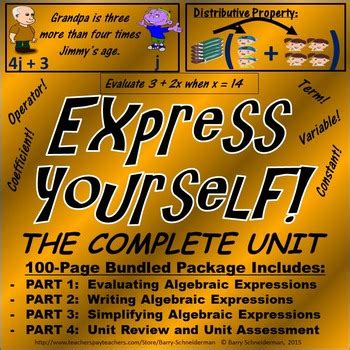 Simplifying Evaluating Writing Algebraic Expressions Unit TPT