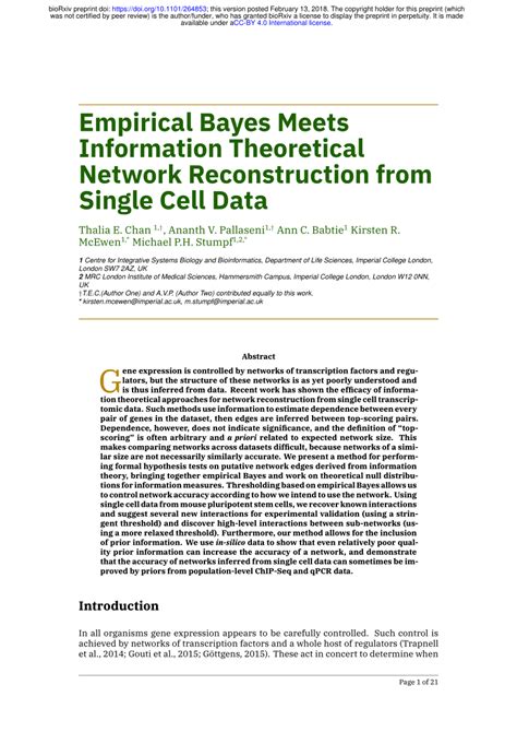 Pdf Empirical Bayes Meets Information Theoretical Network Reconstruction From Single Cell Data