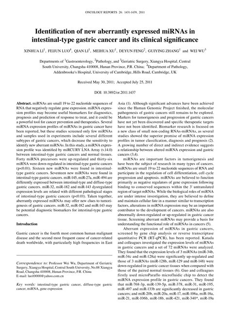 [pdf] Identification Of New Aberrantly Expressed Mirnas In Intestinal