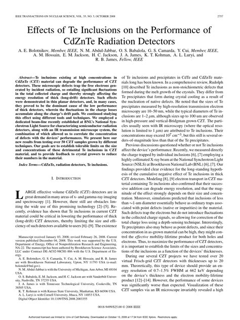 Pdf Effects Of Te Inclusions On The Performance Of Cdznte Radiation Detectors