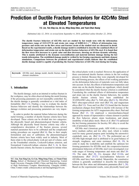 Pdf Prediction Of Ductile Fracture Behaviors For 42crmo Steel At