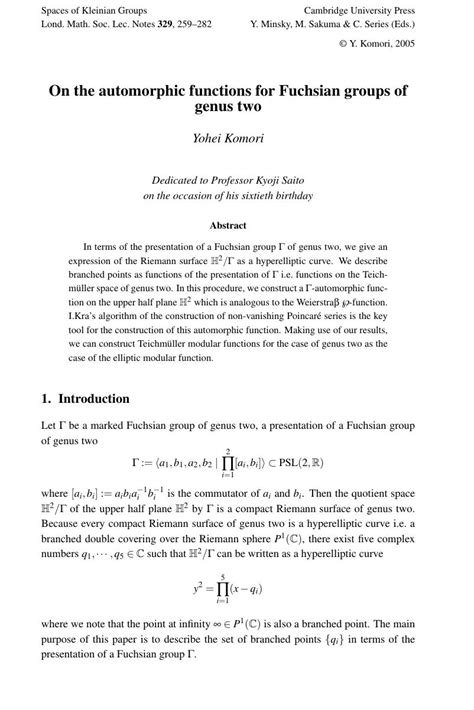 On The Automorphic Functions For Fuchsian Groups Of Genus Two Spaces Of Kleinian Groups