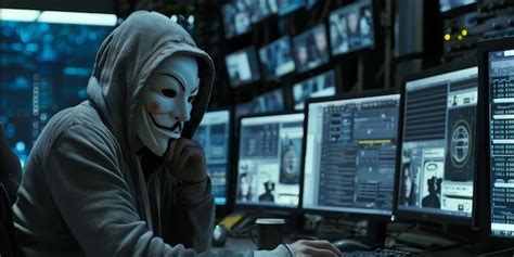 anonymous hacker in hooded sweatshirt wearing mask working in dark room with multiple computer