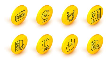 컴퓨터 컴퓨터 마우스 Sd 카드 마더 보드 디지털 칩 전기 플러그 웹 카메라 와 하드 디스크 드라이브 Hdd 아이콘의 설정 라인 케이스 벡터 3차원 형태에 대한 스톡 벡터