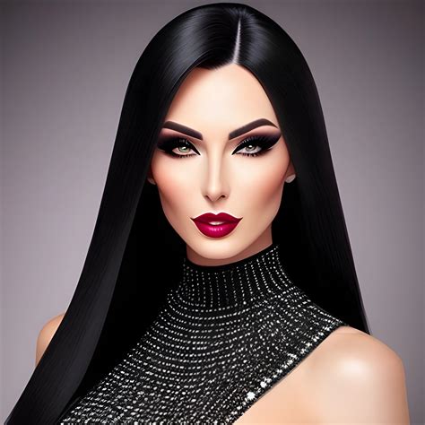 Beautiful Girl In Dynamic Pose Dark Straight Hair With Side Comb Luxurious Makeup Luxurious