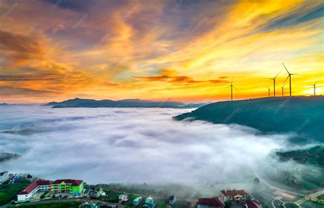 Premium Photo Aerial View Of The Town Mist In The Sunrise Sky Is