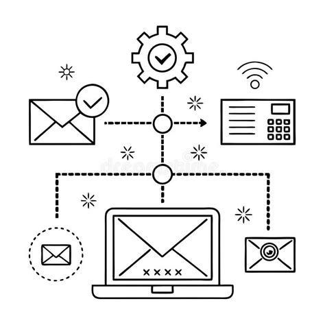 Email Communication Process Diagram Featuring Laptop Gear Mail And Data Transfer Flow Stock