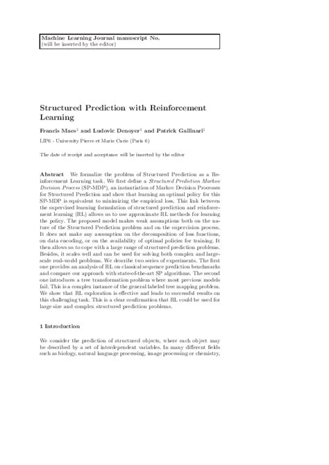 Pdf Structured Prediction With Reinforcement Learning