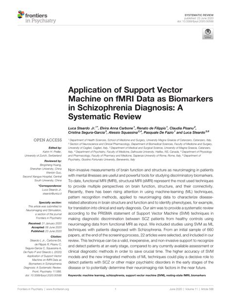 Pdf Application Of Support Vector Machine On Fmri Data As Biomarkers In Schizophrenia