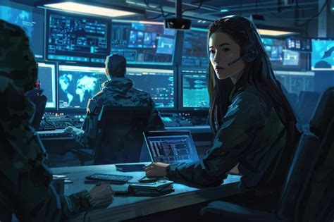 Premium Photo Female Agent Works On Laptop Talks With Military Man In Control Center
