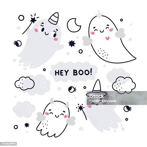 만화 유령 별 나뭇잎 달 뿔 마술 지팡이 플랫 스타일의 모자가 있는 해피 할로윈 귀여운 벡터 클립아트 아이들을 위한 만화 할로윈 캐릭터 프린트 포스터 초대장 10월에 대한