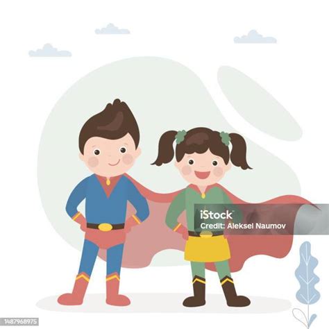 귀여운 아이들은 슈퍼 히어로를 연기합니다 영웅 의상을 입고 서 있는 아이들 상상력 구조자 영웅 도우미 어린 아이들은 함께 재미