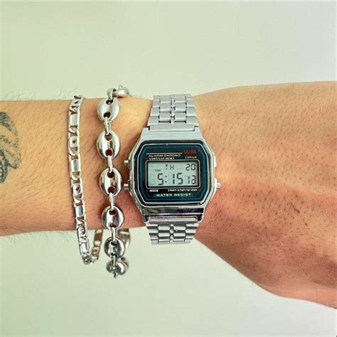 Y2k 2000s Vintage Retro Silver Stainless Steel Digital Watch Mens