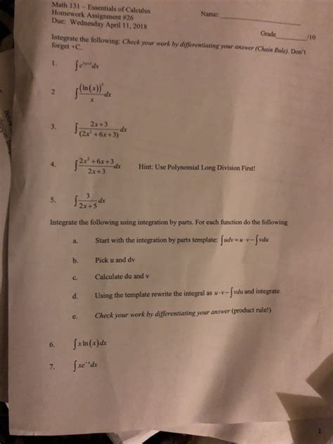 Solved Math 131 Essentials Of Calculus Homework Assignment