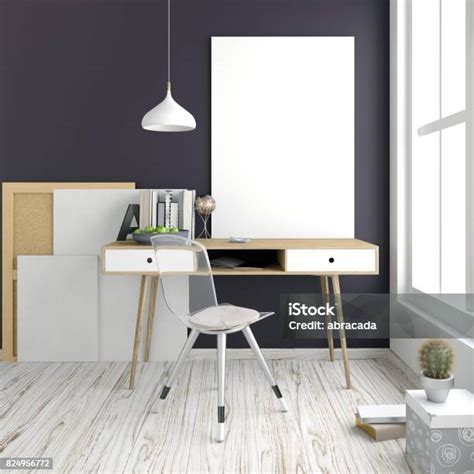현대 조명 인테리어 포스터 모니터 램프 책상 조명 벽의 배경 작업의 구성 된 연구를 위한 장소 3d 그림입니다 0명에 대한 스톡 사진 및 기타 이미지 Istock