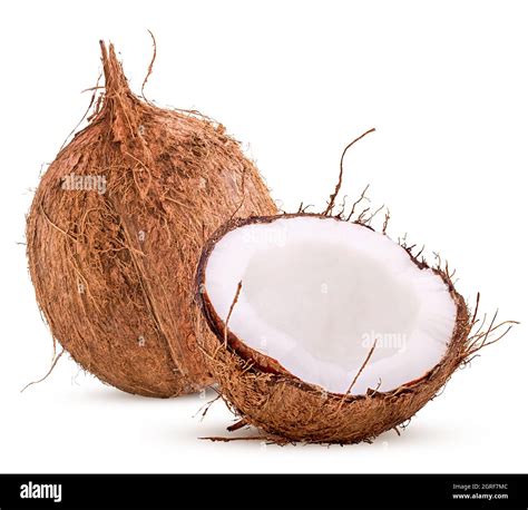 Freshly Coconut Whole In Shell And Cut In Half Isolated On White