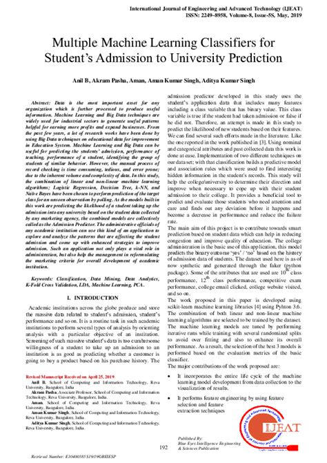Pdf Multiple Machine Learning Classifiers For Students Admission To