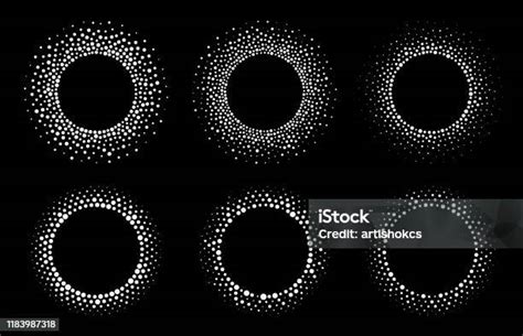 하프톤 벡터 원형 점선 프레임 세트입니다 흰색 배경에 격리된 원 점입니다 의료 치료 화장품에 대한 로고 디자인 요소 하프 톤 원 점 텍스처를 사용 하 여 둥근 테두리 원형에