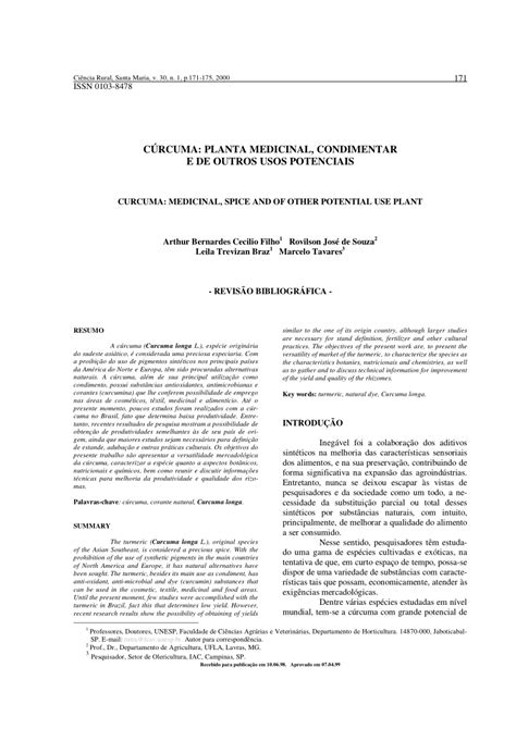 Pdf Cúrcuma Planta Medicinal Condimentar E De Outros Usos Potenciais