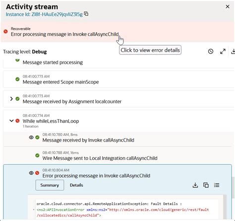 View Error Messages And The Message Payload In The Activity Stream Of Failed Instances