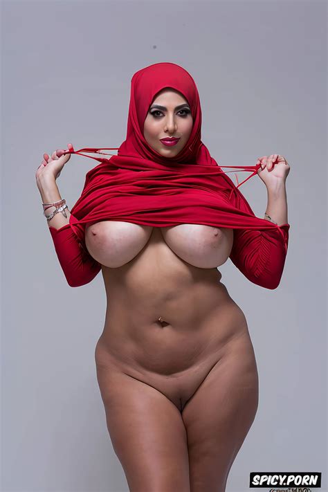 Hijab AI From Head To Mid Thigh Straight Front Portrait Totally Naked In Only Red Hijab And