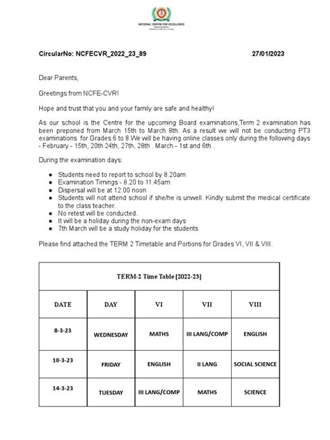 1 Circular Timetable And Portions Grades 6 To 8 Term 2 2022 23 1 Pdf Subject Grammar