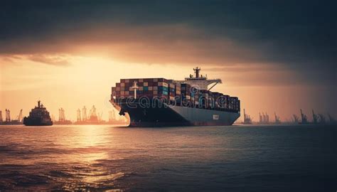 Container Ship Carrying Heavy Cargo Unloading At Commercial Dock At Dusk Generated By Ai Stock