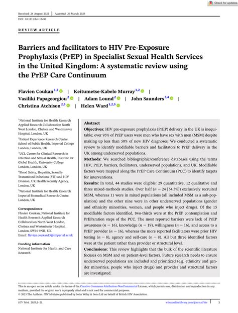 Pdf Barriers And Facilitators To Hiv Pre‐exposure Prophylaxis Prep In Specialist Sexual