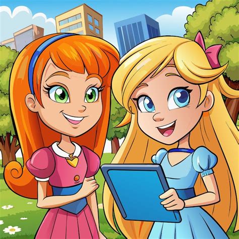 Premium Vector A Cartoon Image Of Two Girls With A Laptop And The Word The The On It