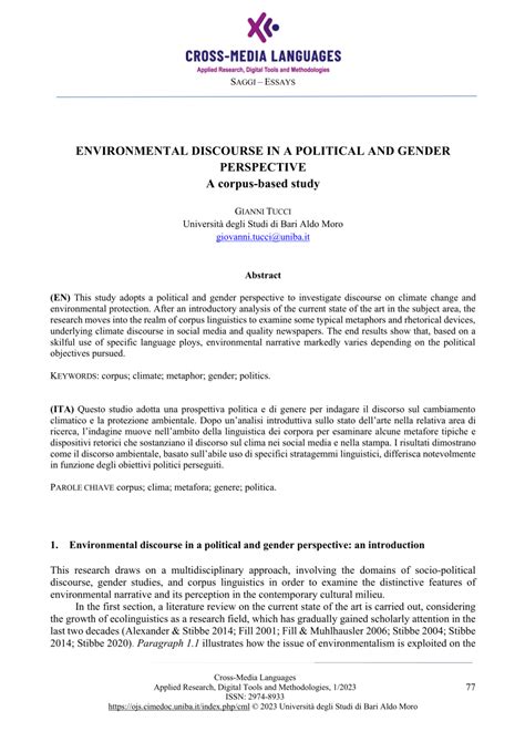PDF ENVIRONMENTAL DISCOURSE IN A POLITICAL AND GENDER PERSPECTIVE A Corpus Based Study