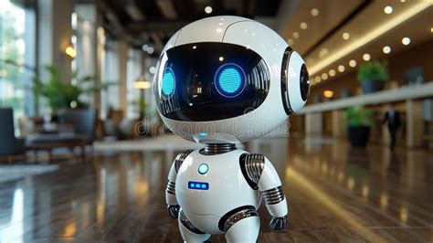A Small Interactive Robot Standing In A Modern Lobby With Wooden