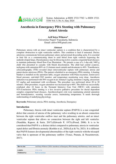 Pdf Anesthesia In Emergency Pda Stenting With Pulmonary Arteri Atresia