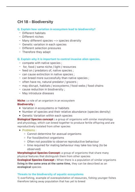 Summary And Model Answers On The Topic Biodiversity For Biology A