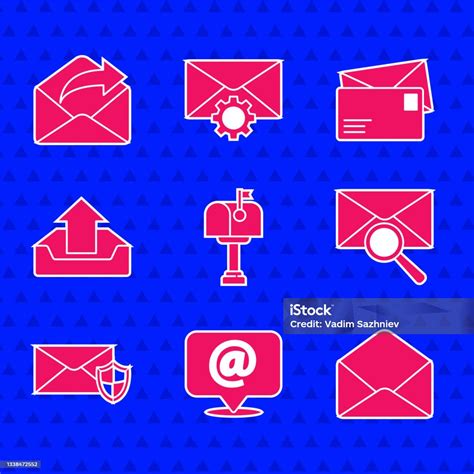 우송기 봉투에 메일 상자 를 설정하고 돋보기 방패 받은 편지함 업로드 및 나가는 아이콘으로 전자 메일을 설정합니다 벡터 검색에 대한 스톡 벡터 아트 및 기타 이미지 Istock