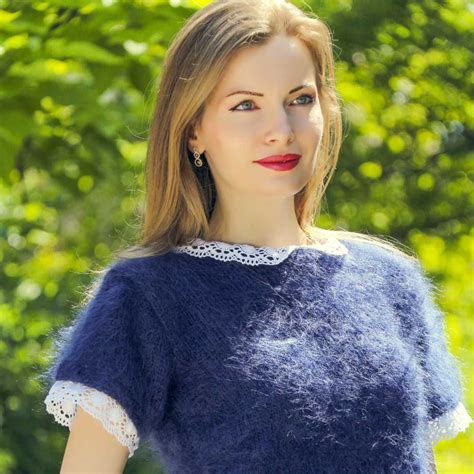 Fuzzy Blue Cropped Mohair Sweater With White Lace Collar Ready To Ship