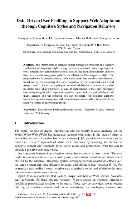 Pdf Data Driven User Profiling To Support Web Adaptation Through Cognitive Styles And